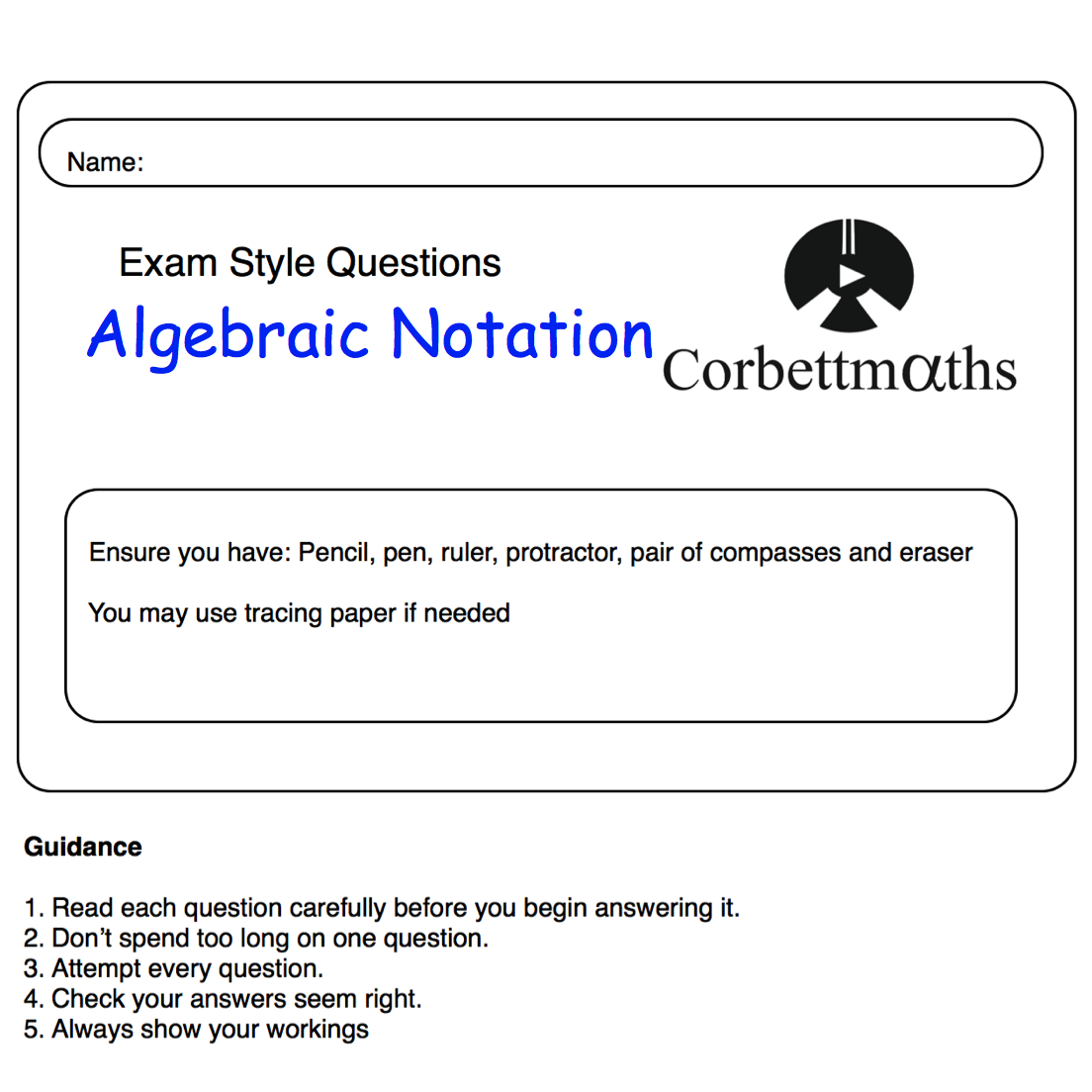 Algebraic Notation Practice Questions Corbettmaths