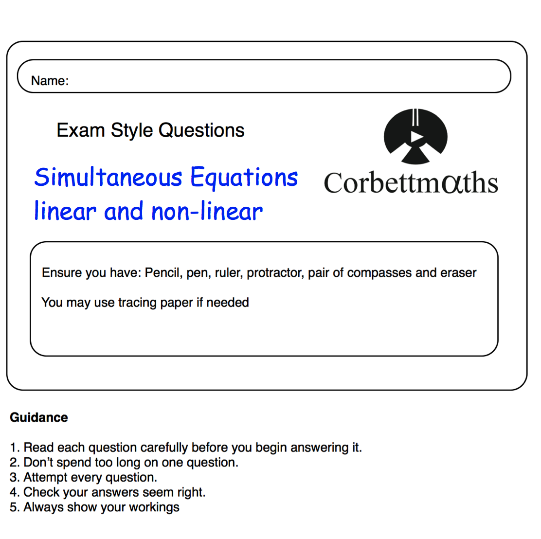 Non Linear Simultaneous Equations Practice Questions Corbettmaths